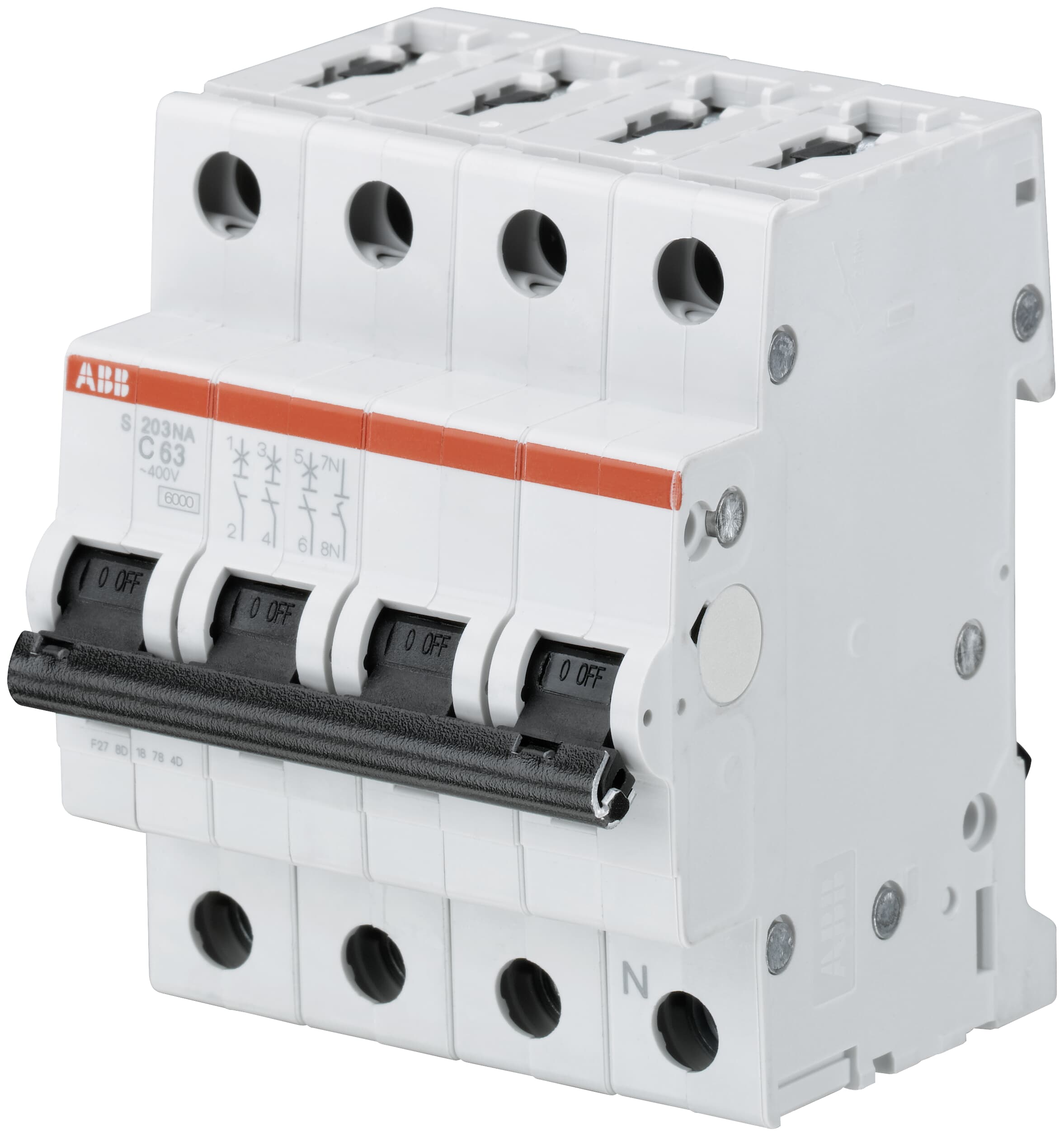 S200 Disjoncteur modulaire- 3P+N droite - 25A courbe C - 6000A-10kA (4 modules) ABB
