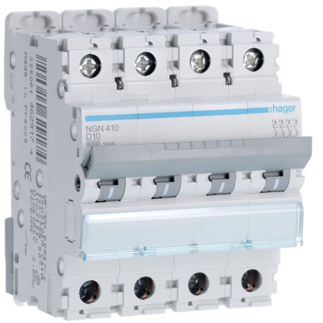 Hager - NGN410 - Disjoncteur 10A 4P 6-10kA Courbe D 4modules