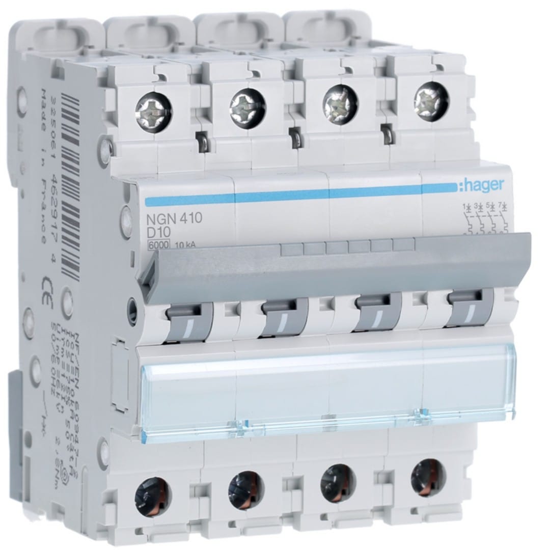 Hager - NGN410 - Disjoncteur 10A 4P 6-10kA Courbe D 4modules